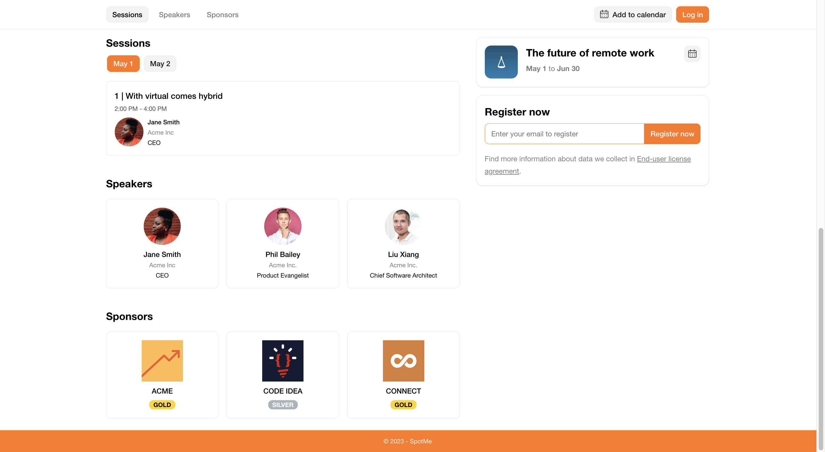 Display sessions, speakers, and sponsors on your registration landing page – SpotMe knowledge base
